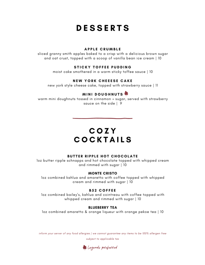 Dinner Menu | Cultus Lake Golf Club